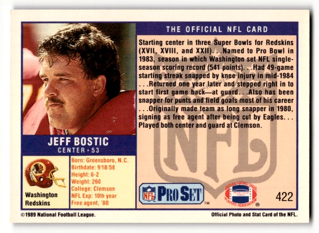 1989 PRO SET #422 Jeff Bostic comme neuf Redskins EUR 1,66 - PicClick FR