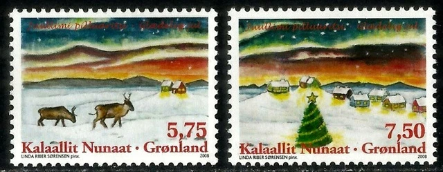 GROENLANDIA 2008 NATALE, renna e villaggio con albero, SENZA MNH EUR 2 ...
