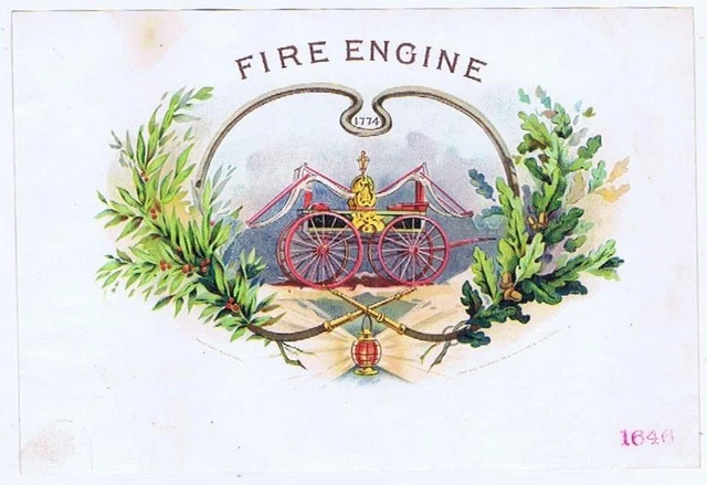 FIRE ENGINE FIREFIGHTING fireman 1774 Schlegel sample cigar box label ...