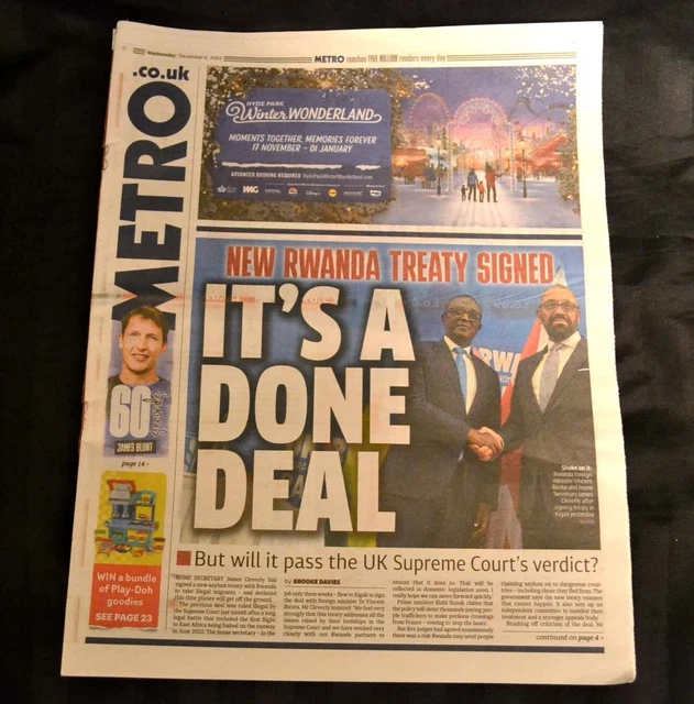THE UK METRO Newspaper 06/12/23 December 6th 2023 Rwanda Immigration ...