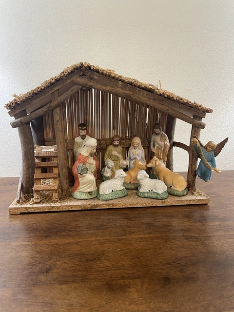NATIVITY SET WOOD Reed Creche 11 Hand Painted Figures #97930 VTG Sears ...