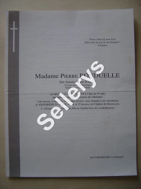 FAIRE PART DE décès de Madame Pierre BONDUELLE Née Jeanne-Marie DALLE EUR 7,90 - PicClick DE