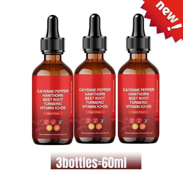 CAYENNE PEPPER HAWTHORN Beet Root Turmeric Vitamin K2+D3 Liquid Drops ...