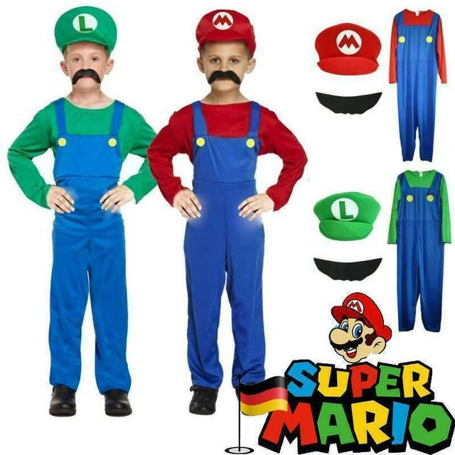 KINDER SUPER MARIO & Luigi Cosplay Kostüm Jumpsuit Overall Hut Komplett ...