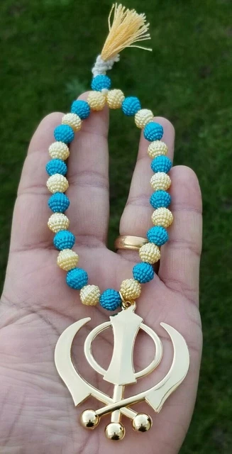 GOLD PLATED KHANDA punjabi sikh singh kaur beads pendant for car rear ...