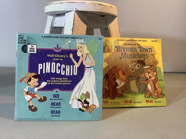 DISNEY RECORD & Book 1966 Pinocchio & 1970 Bremen Town Musicians (9D ...