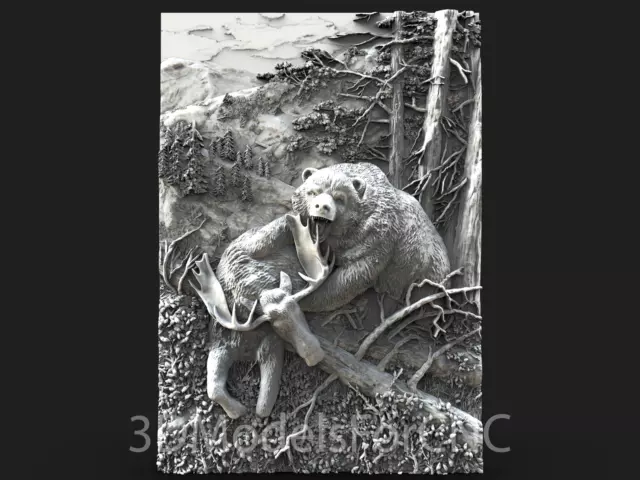 3d Model Stl File For Cnc Router Laser And 3d Printer Bear Fighting Elk £