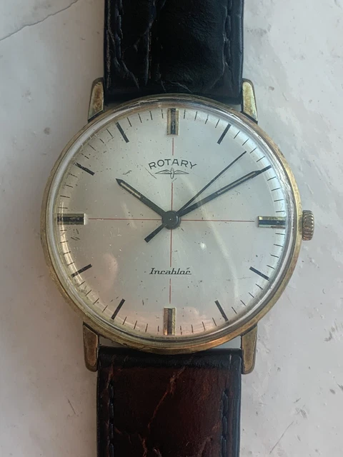 MENS VINTAGE ROTARY Incabloc Mechanical Watch Red Crosshair Gold Plate ...