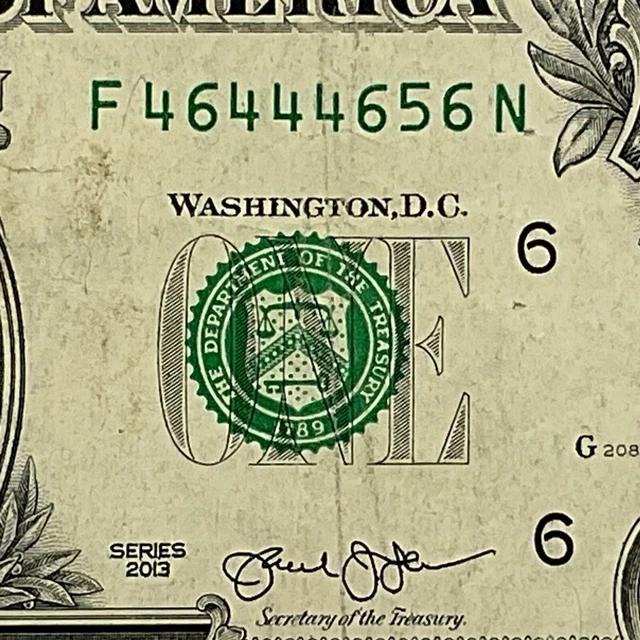 Trinary Fancy Serial Number 2013 One Dollar Bill F46444656n Dc Print 4s