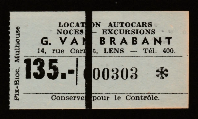 TICKET DE BUS ancien années 40/50 "135 Fr - Autobus G. Van Brabant à ...