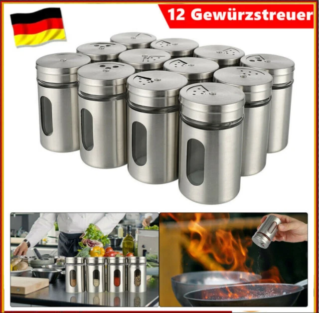 12 GEWÜRZSTREUER EDELSTAHL Pfeffer Salz Gläser Gewürz Streuer Dosen ...