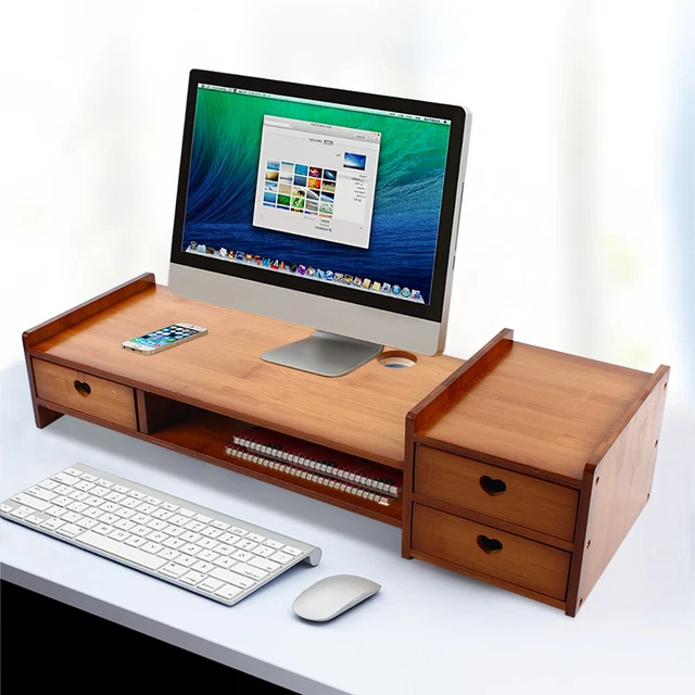 2-LAYER BAMBOO WOOD Monitor Stand Computer Riser With 2-Tier Desktop ...