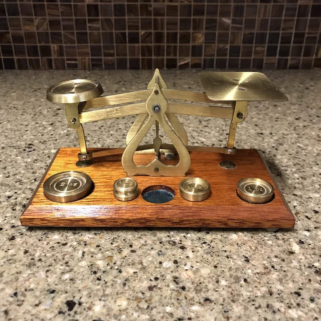 ANTIQUE/ VINTAGE SMALL Brass & Wood Balance Postal Scale with Weights £ ...