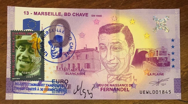 2021 MARSEILLE BD Chave Fernandel + Timbre Billet Euro Souvenir Bank ...