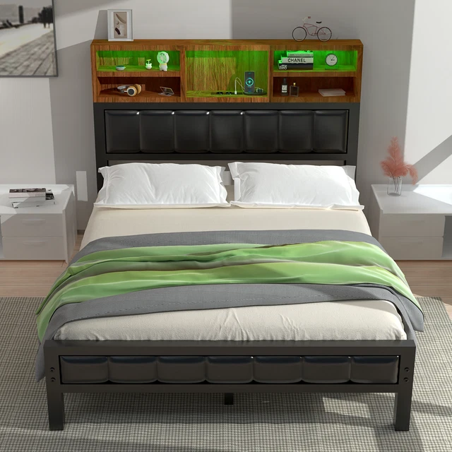 DOUBLE BED FRAME Industrial Metal Platform Bed w/ LED Headboard and ...