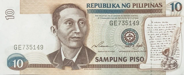 1995 PHILIPPINES 10 Anciens Plancher Philippin (Pesos) Billet De Banque ...