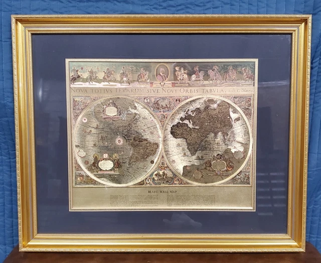 VINTAGE BLAEU WALL Map. Old & New World Gold Foil Wall Map Framed Size ...