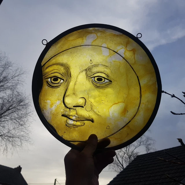ANTIQUE STAINED GLASS Fragment of The Moon With Smiley Face, Arts ...