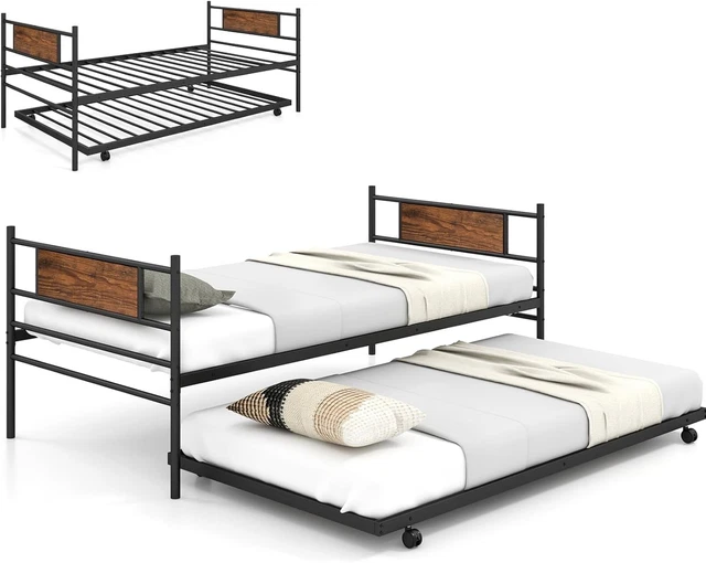 METAL BED FRAME with Trundle, 3FT Single Guest Bed Mattress Foundation ...