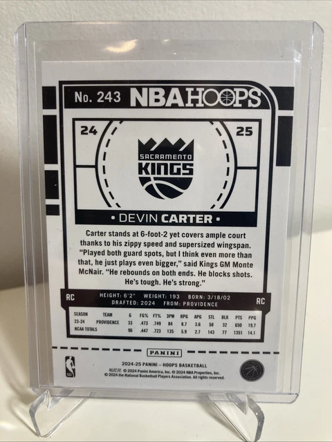 2024-25 NBA HOOPS Panini - Devin Carter- Sacramento Kings - Rookie Card ...