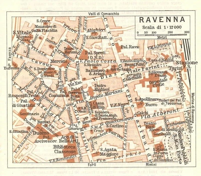 CARTA GEOGRAFICA ANTICA RAVENNA piccola pianta della città TCI 1937 ...