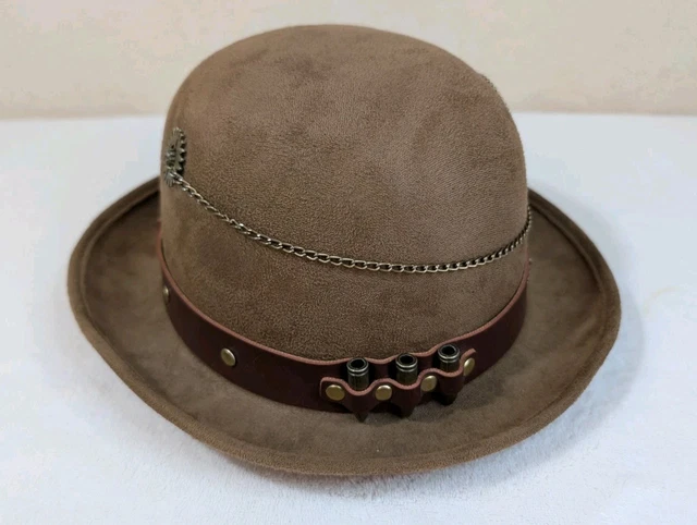 STEAMPUNK BOWLER HAT Brown Faux Suede Gears Chain Victorian Costume £20 ...
