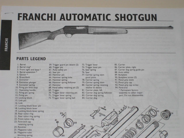 FRANCHI SEMI-AUTO SHOTGUN Exploded View £6.41 - PicClick UK