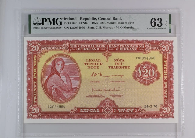 IRELAND 20 POUNDS Lady Lavery P67c Irish Irland 24.3.76 PMG 63EPQ UNC ...