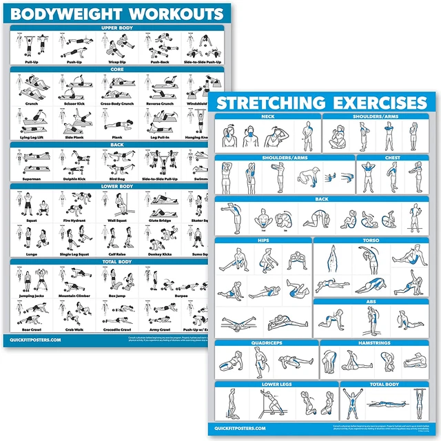 BODYWEIGHT WORKOUTS AND Stretching Exercise Poster Set - Laminated 2 ...