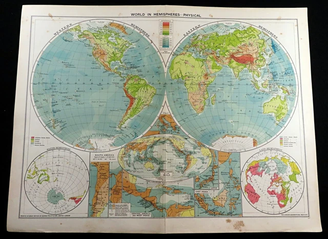 WW2 WORLD MAP Global Hemisphere Volcanoes Physical Wartime War ...