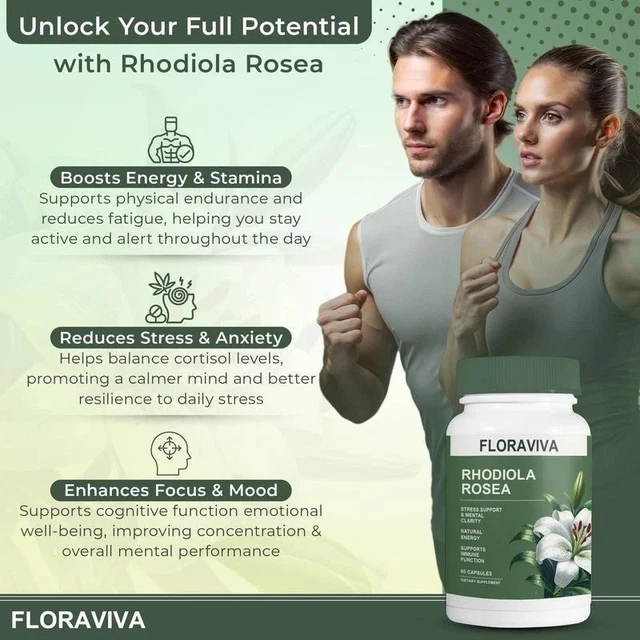 1-3 PACK FLORAVIVA Rhodiola Rosea Capsules Boost Energy Focus Mood UK £ ...