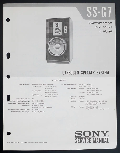 GENUINE SONY SS-G7 Carbocon Speaker System Service Manual/Diagram/Parts o132 £28.81 - PicClick UK