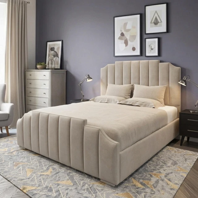 ART DECO CROWN Bed Frame Plush Velvet Upholstered Gas Lift Storage ...