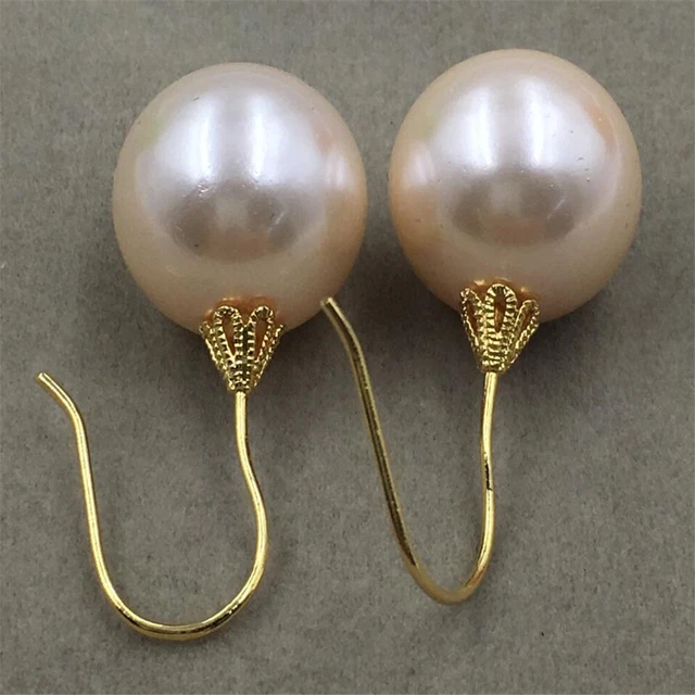 16MM PINK ROUND Shell pearl earring 14K Ear drop Handmade Art Gold ...
