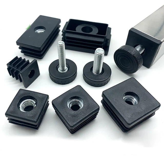 BLACK SQUARE TUBE Inserts End Caps/Adjustable Table Foot Furniture ...