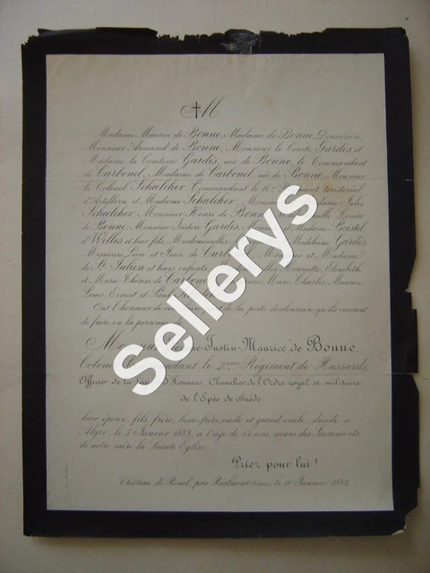 FAIRE PART DÉCÈS Colonel Jérôme Justin Maurice de BONNE 1882 Commandant ...