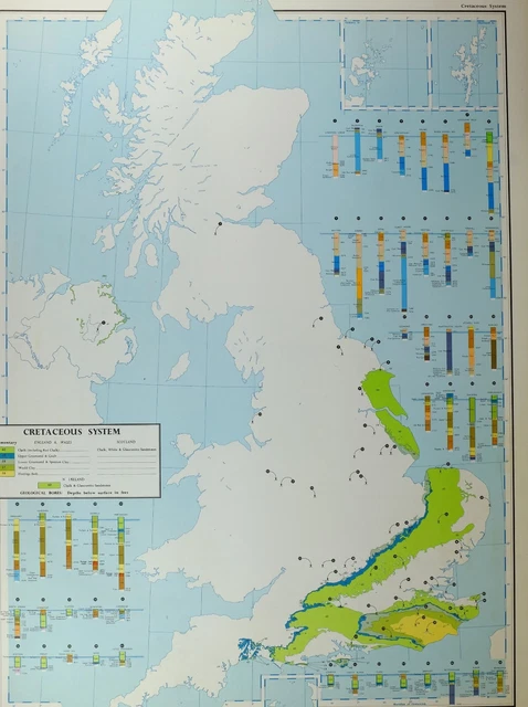 VINTAGE LARGE MAP of BRITAIN CRETACEOUS SYSTEM CHALK GAULT WEALD CLAY ...