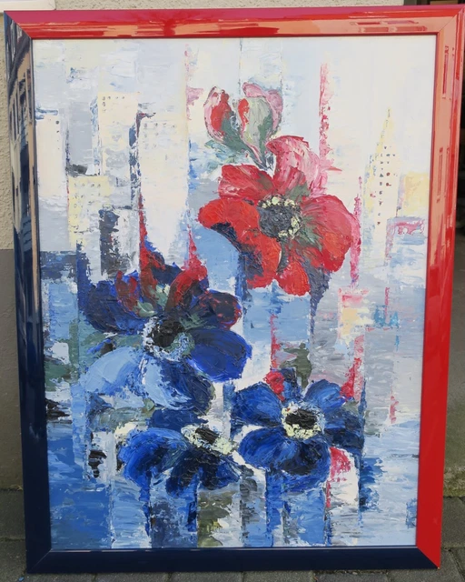 KIRSCH MONIKA * 1950 Gemälde Blumen vor Stadtszene / Hochhäuser 1997 ...