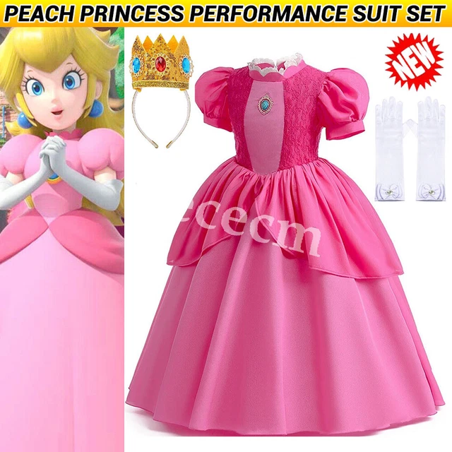 KIDS SUPER MARIO Brothers Little Princess Peach Costume Dress Crown ...
