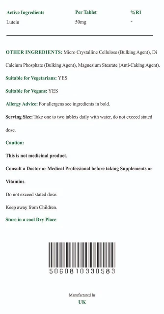 LUTEIN 50MG 365 Tablets Eyes Vision Cognitive antioxidant Vegan ...