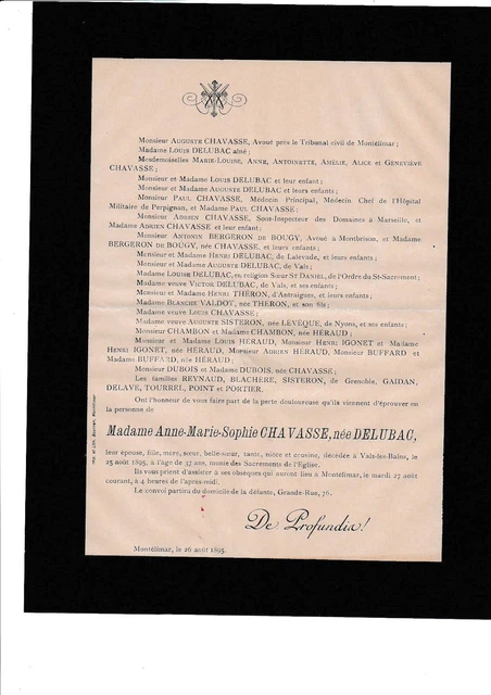 FAIRE-PART DE DÉCÈS 1895 Mme ANNE MARIE CHAVASSE Née DELUBAC VALS LES BAINS EUR 22,00 - PicClick FR