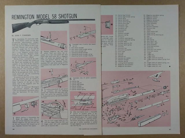 REMINGTON MODEL 58 Shotgun exploded view disassembly 1970 print article ...