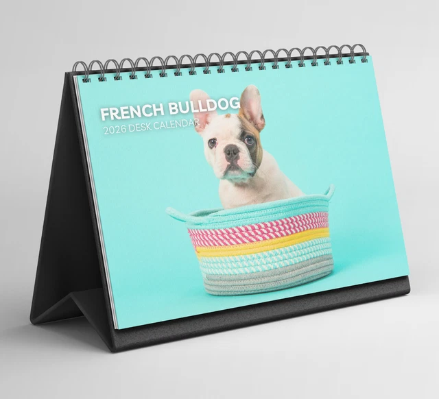 FRENCH BULLDOG DESK Calendar 2026-2027: Standing Flip Desktop Calendar ...
