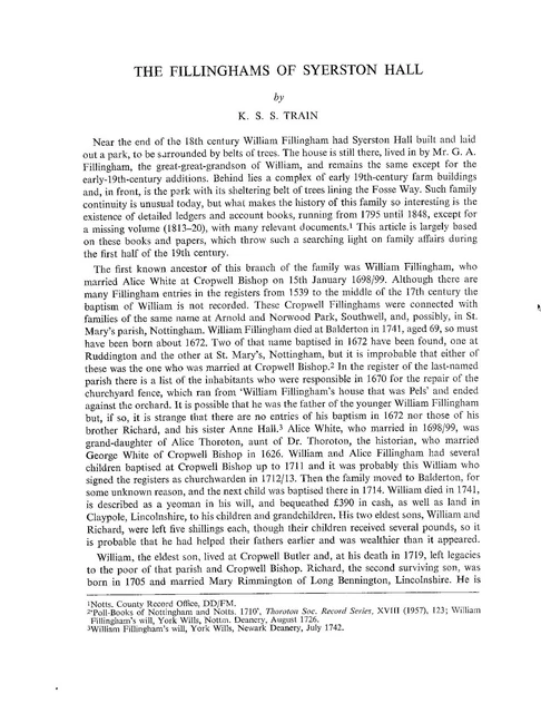 THE FILLINGHAMS OF Syerston Hall, near Newark, Nottinghamshire £2.12 ...
