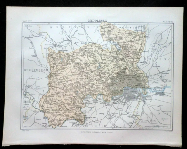 ORIGINAL VICTORIAN MIDDLESEX County Map (1889) England - Ex Britannica ...