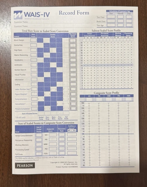 WAIS-IV WECHSLER ADULT Intelligence Scale 4th Ed Record Form Pack Of 12 ...