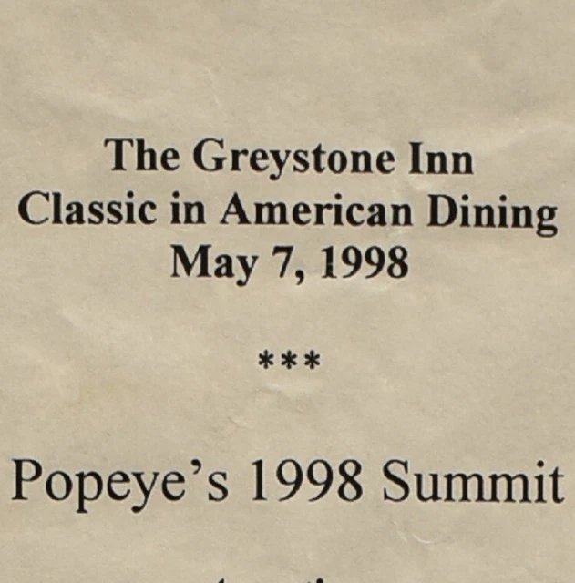 1998 POPEYE SUMMIT The Greystone Inn Restaurant Menu Lake Toxaway North ...
