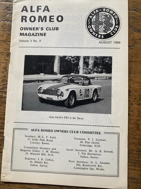 ALFA ROMEO VINTAGE Car Owners Club Magazine 1969 August Rare Magazine £ ...