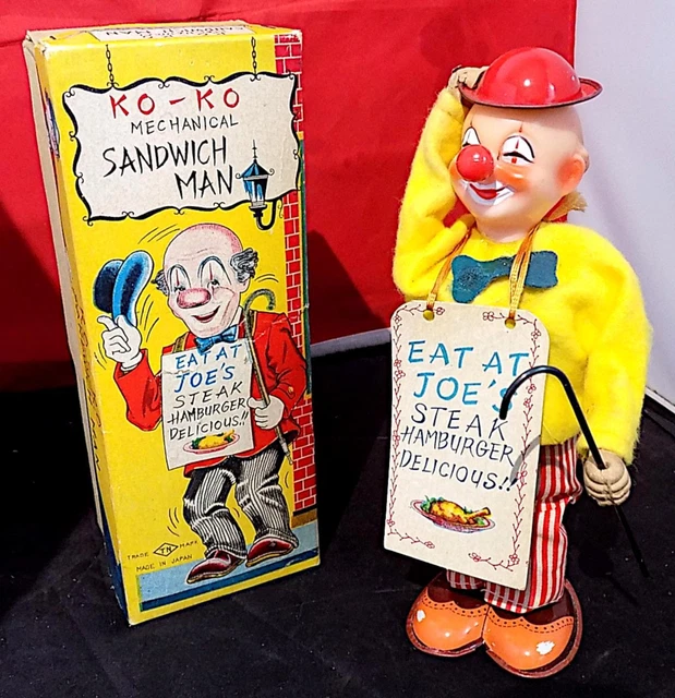 VINTAGE TINPLATE CLOCKWORK KO-KO Sandwich Man Toy, Nomura Toys (T.N ...
