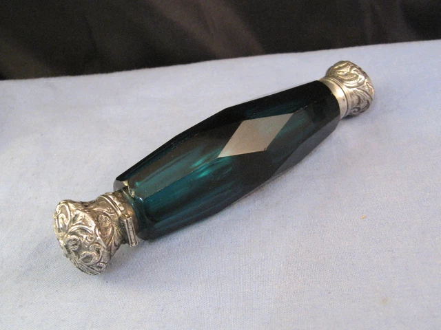 ANTIQUE SILVER AQUA Marine Green Glass Double Perfume Scent Bottle ...